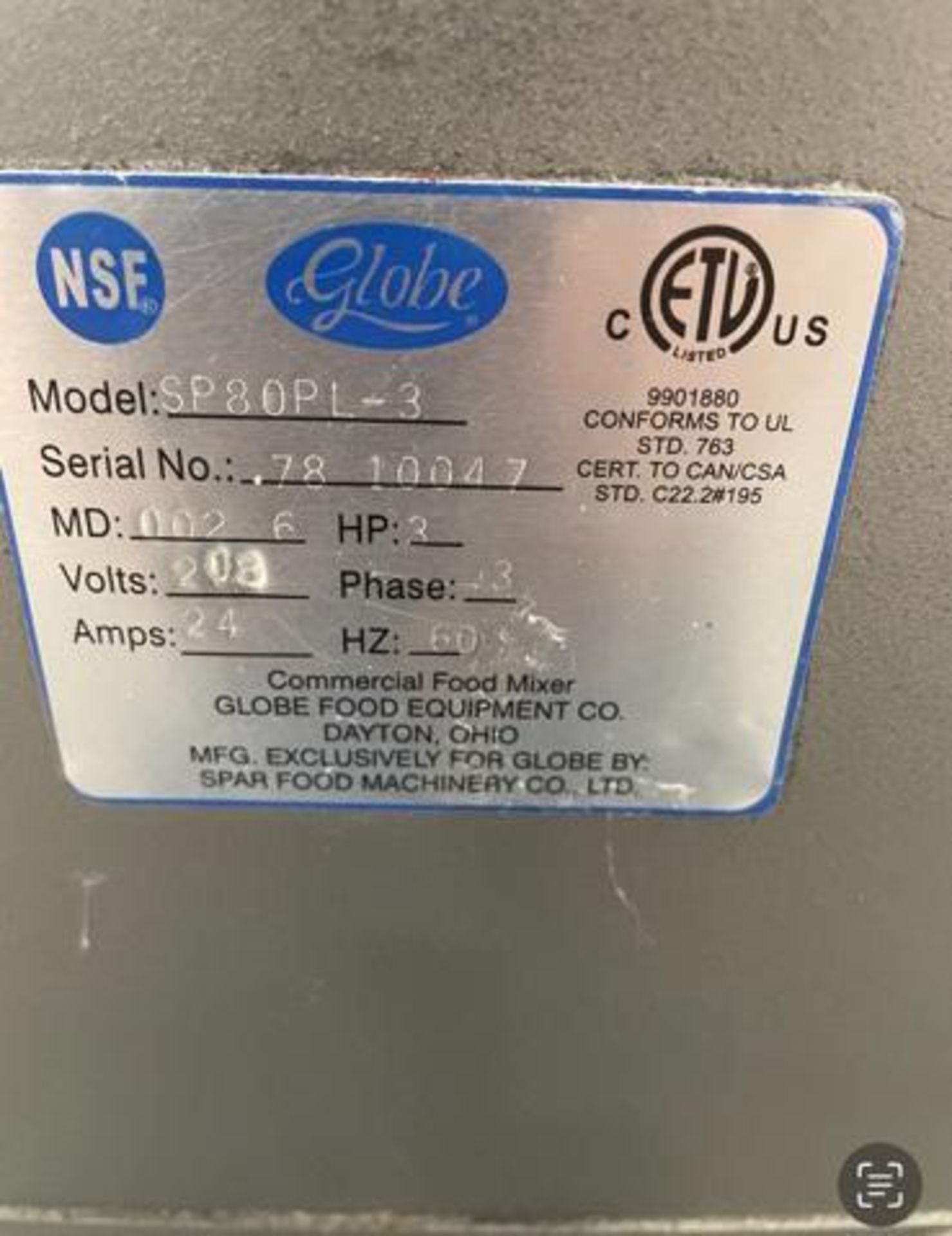 Globe 80 Qt. Mixer, Mdl: SP80PL-3, S/N: 78 10047 - Located At Surplus ...