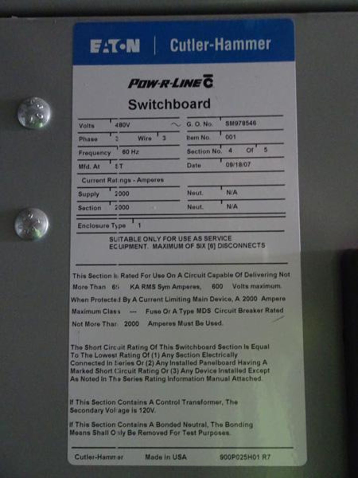 Eaton m# MDA620 Switchboard, 2000 AMPS, 635 v, 60 Hz, S/N SM978546 ...