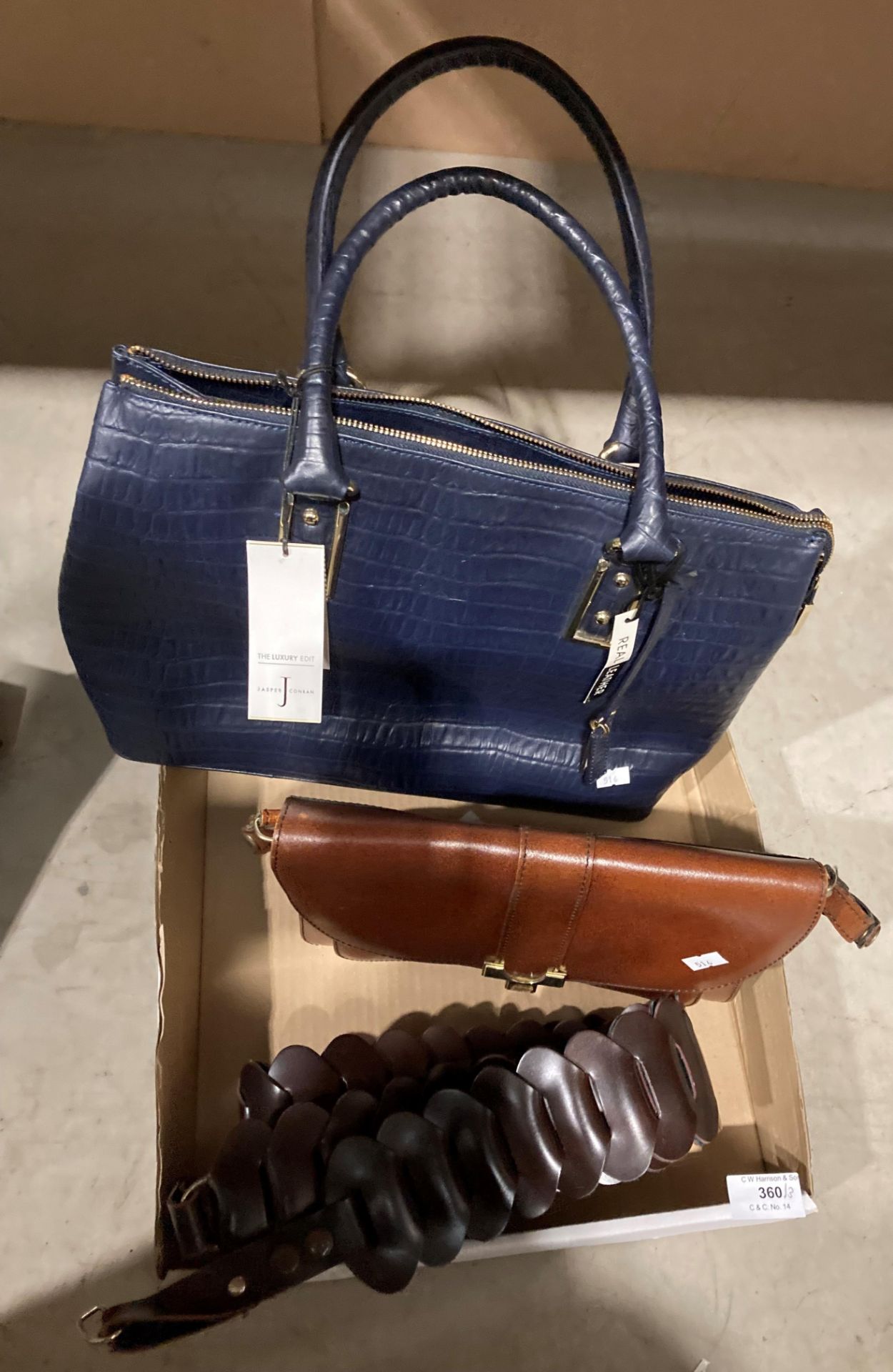 A Jasper Conran blue leather bag, a brown leather handbag and a brown ...