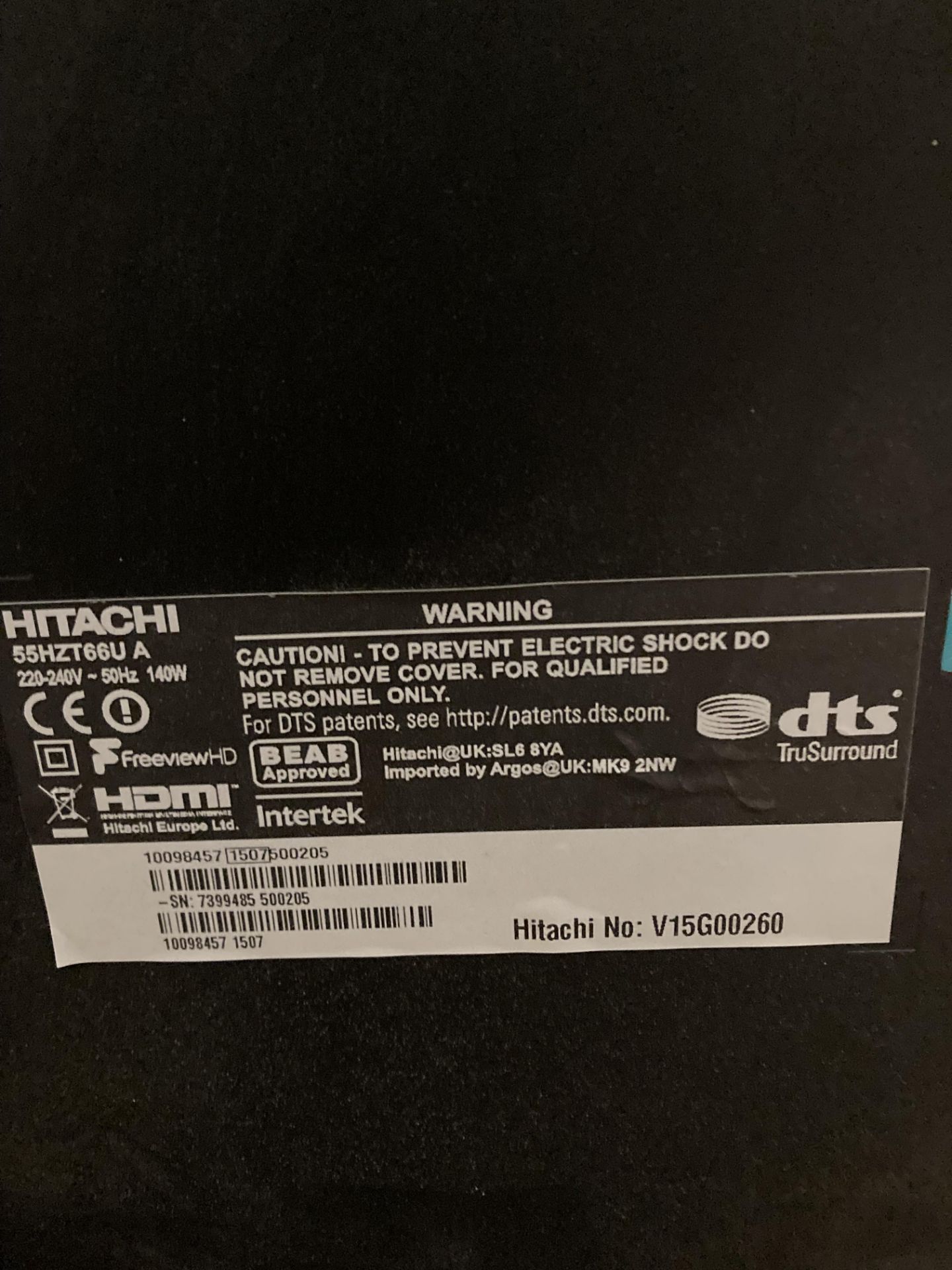 Hitachi 55" wall mounted TV model 55HZT66U complete with remote (PO)