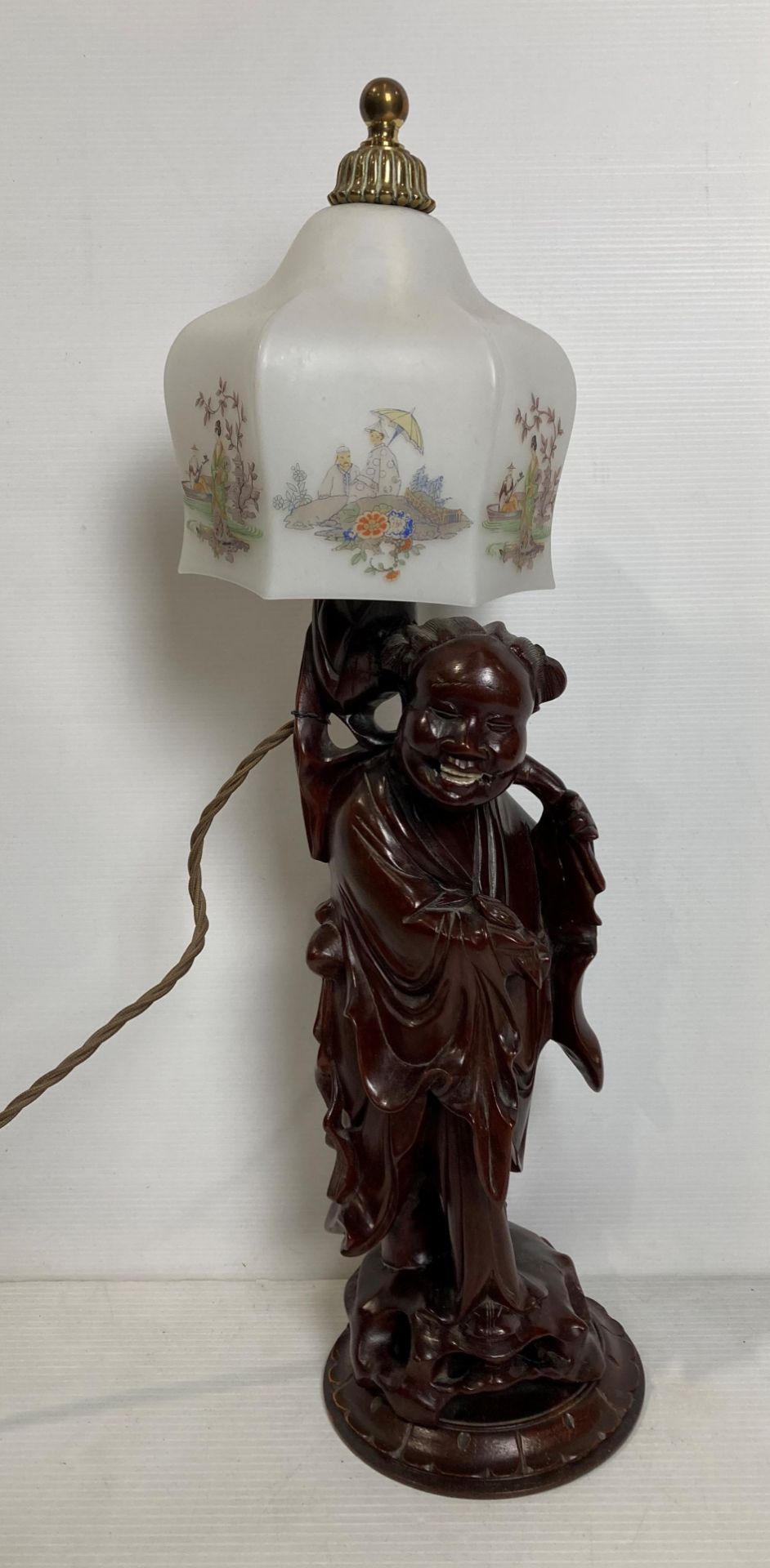 A wooden hand-carved Oriental Geisha table lamp with hand-painted ...