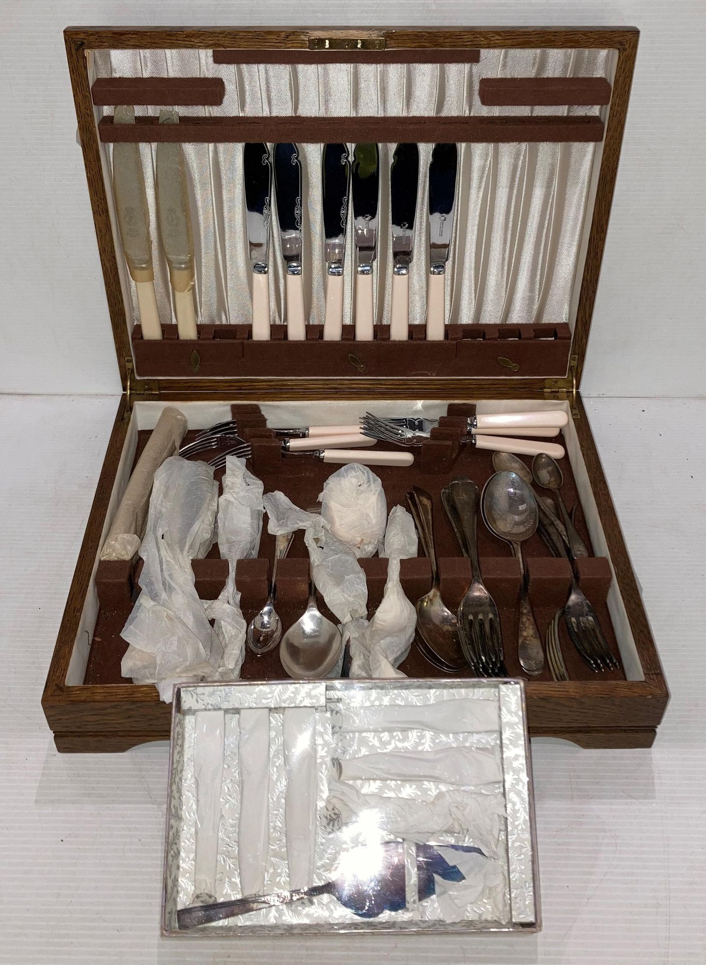 Oak case canteen of assorted cutlery including twenty-eight pieces of ...