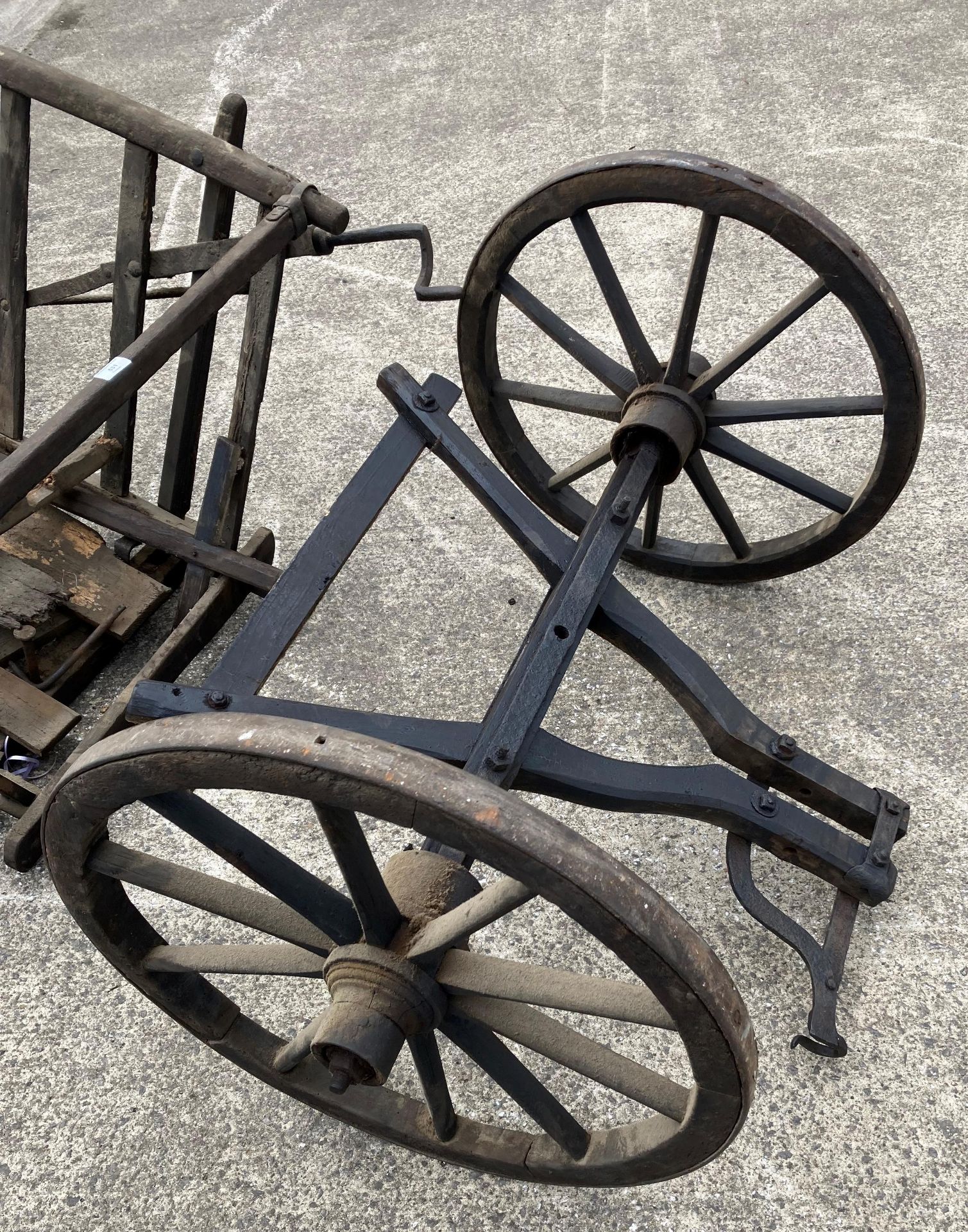 Vintage miniature twin axle hay cart with metal banded wheels with ...