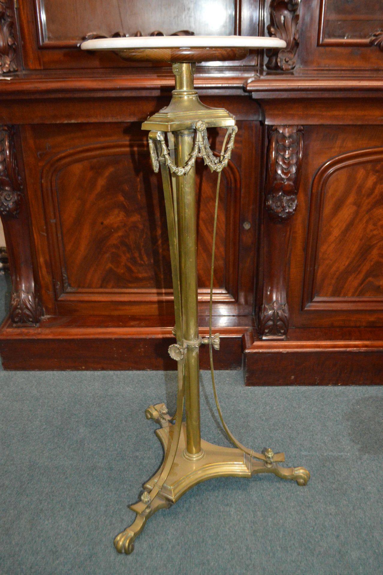Victorian Brass Standard Lamp Base Converted to Plant Stand with Marble Top