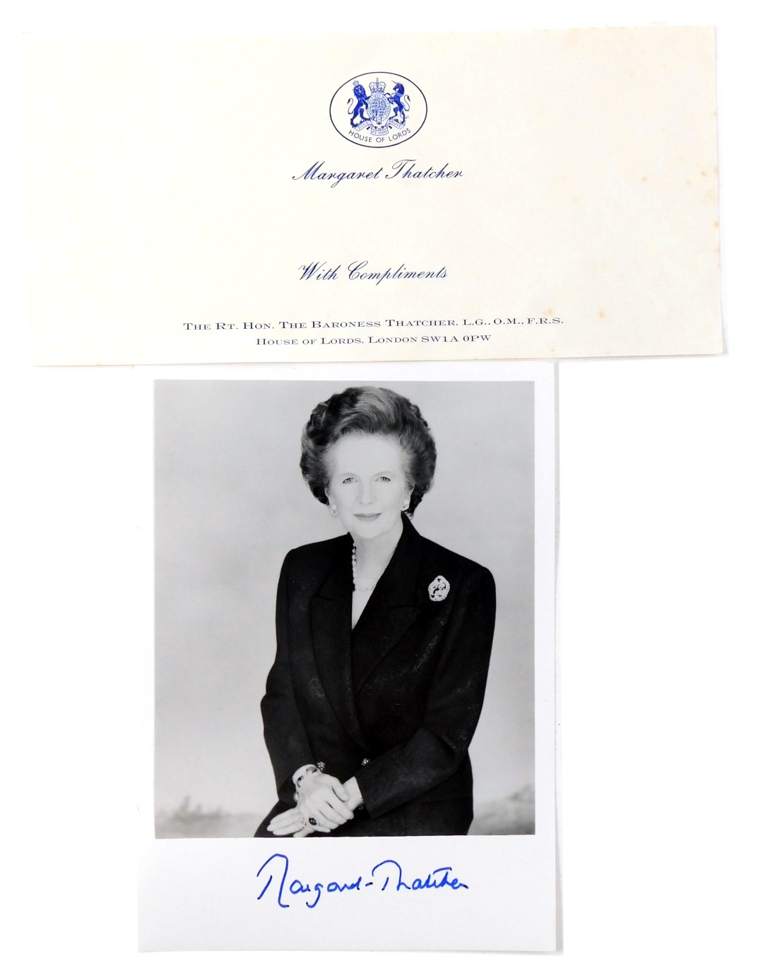 A signed photograph of Margaret Thatcher, with compliments slip from ...