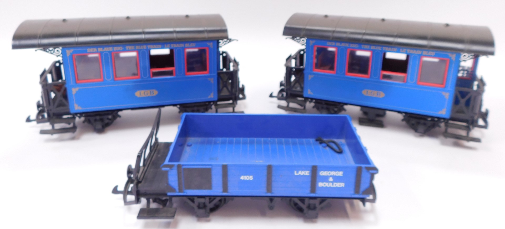 An LGB by Lehmann G scale locomotive and coaches, including an 0-4-0 ...