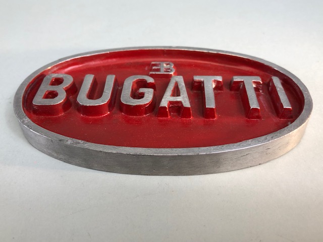 Bugatti cars, five car plaques from the 1980s, one oval cast alloy ,2 ...