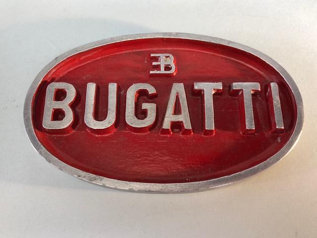 Bugatti cars, five car plaques from the 1980s, one oval cast alloy ,2 ...