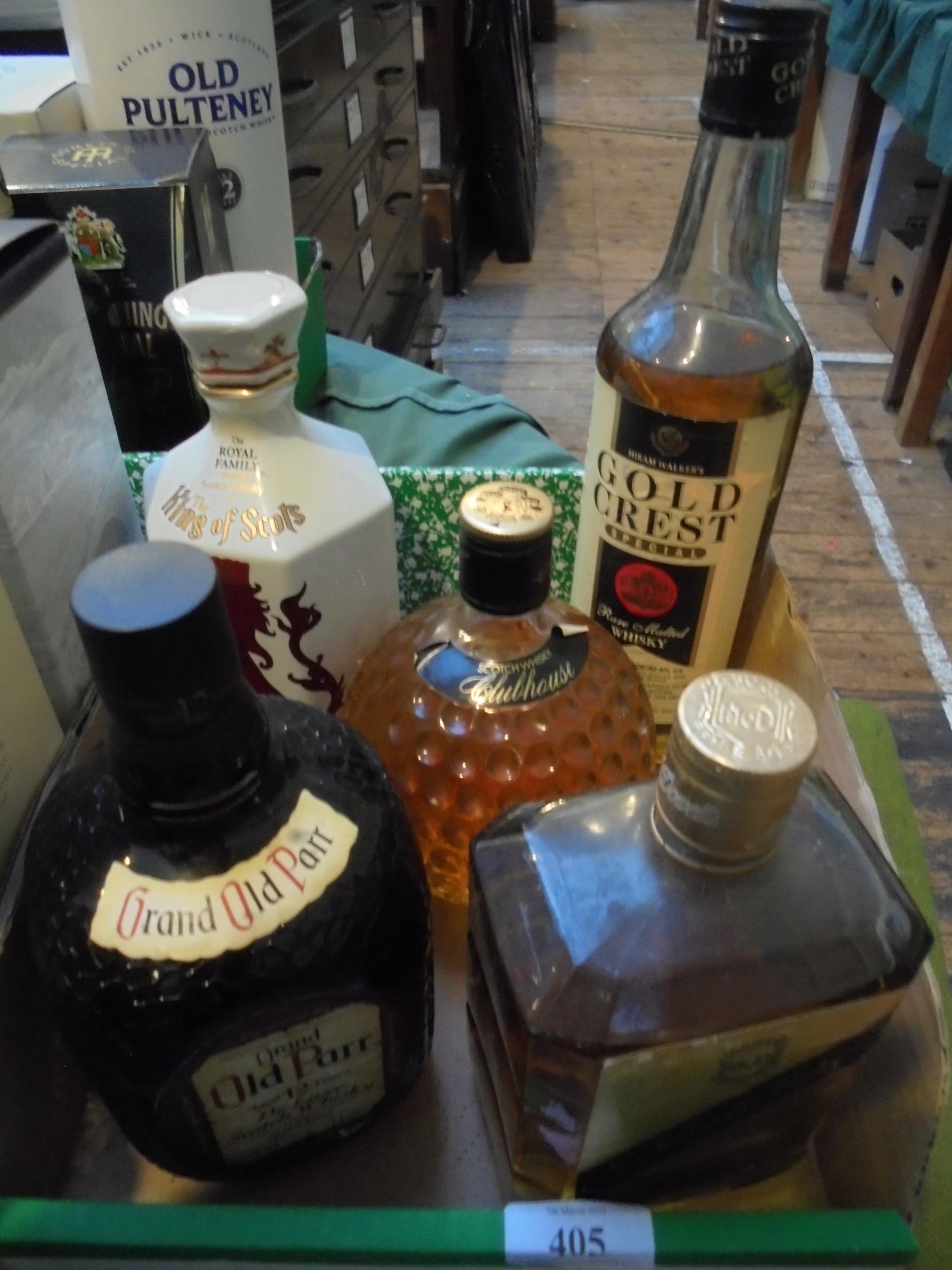 Five bottles, King of Scots Scotch whisky, Old Cresy Malted whisky ...
