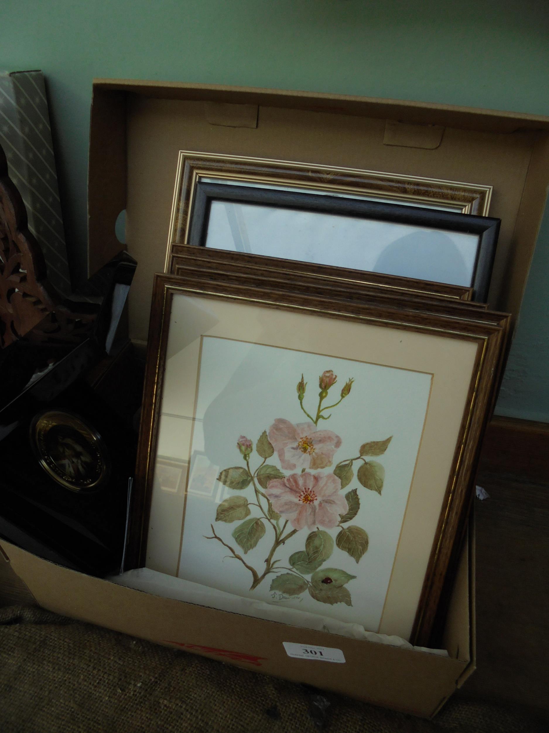 4 framed watercolours of roses and 2 framed paintings on copper ...
