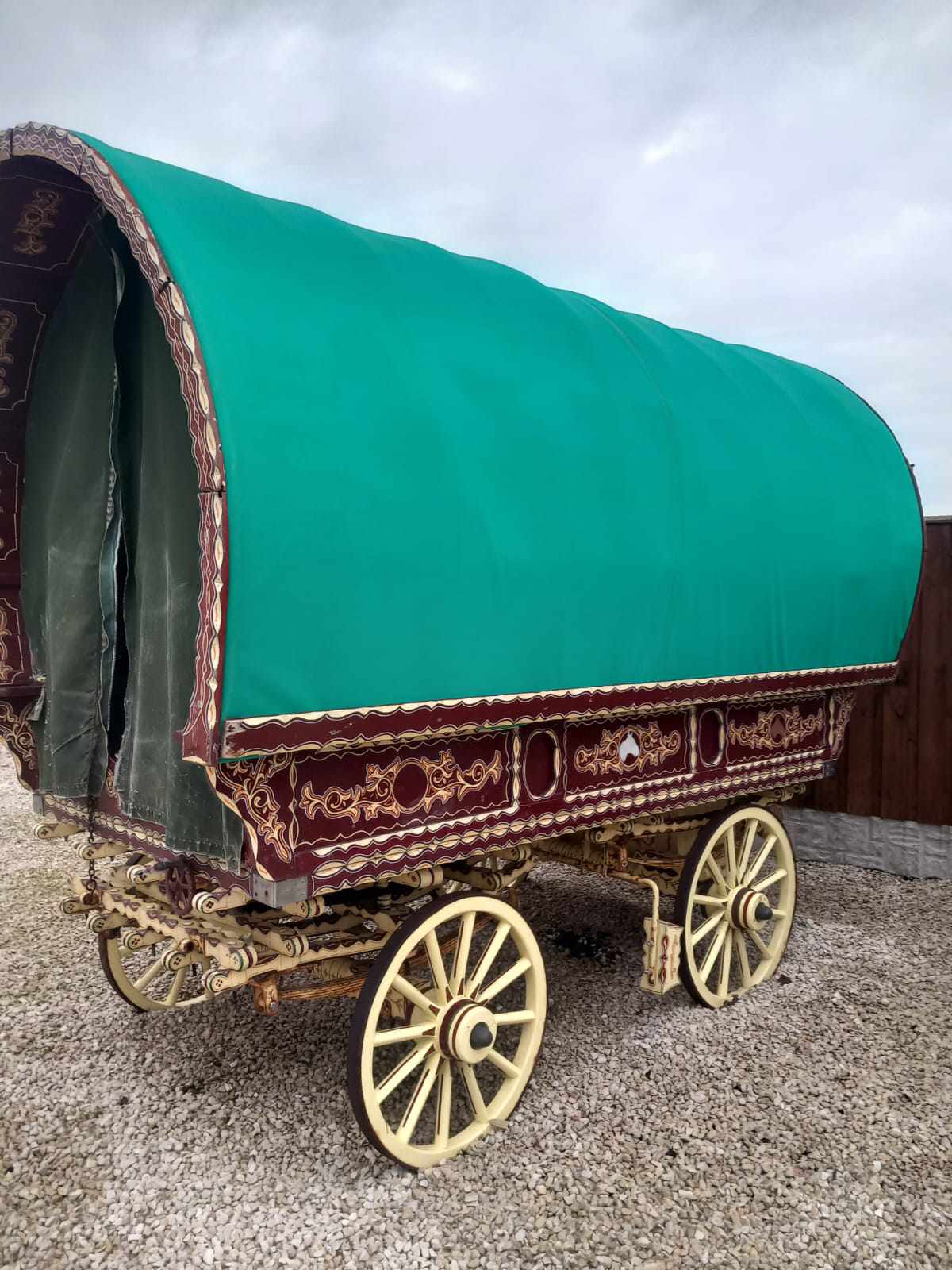 OPEN LOT WAGON, painted maroon with cream undercarriage on iron tyred ...