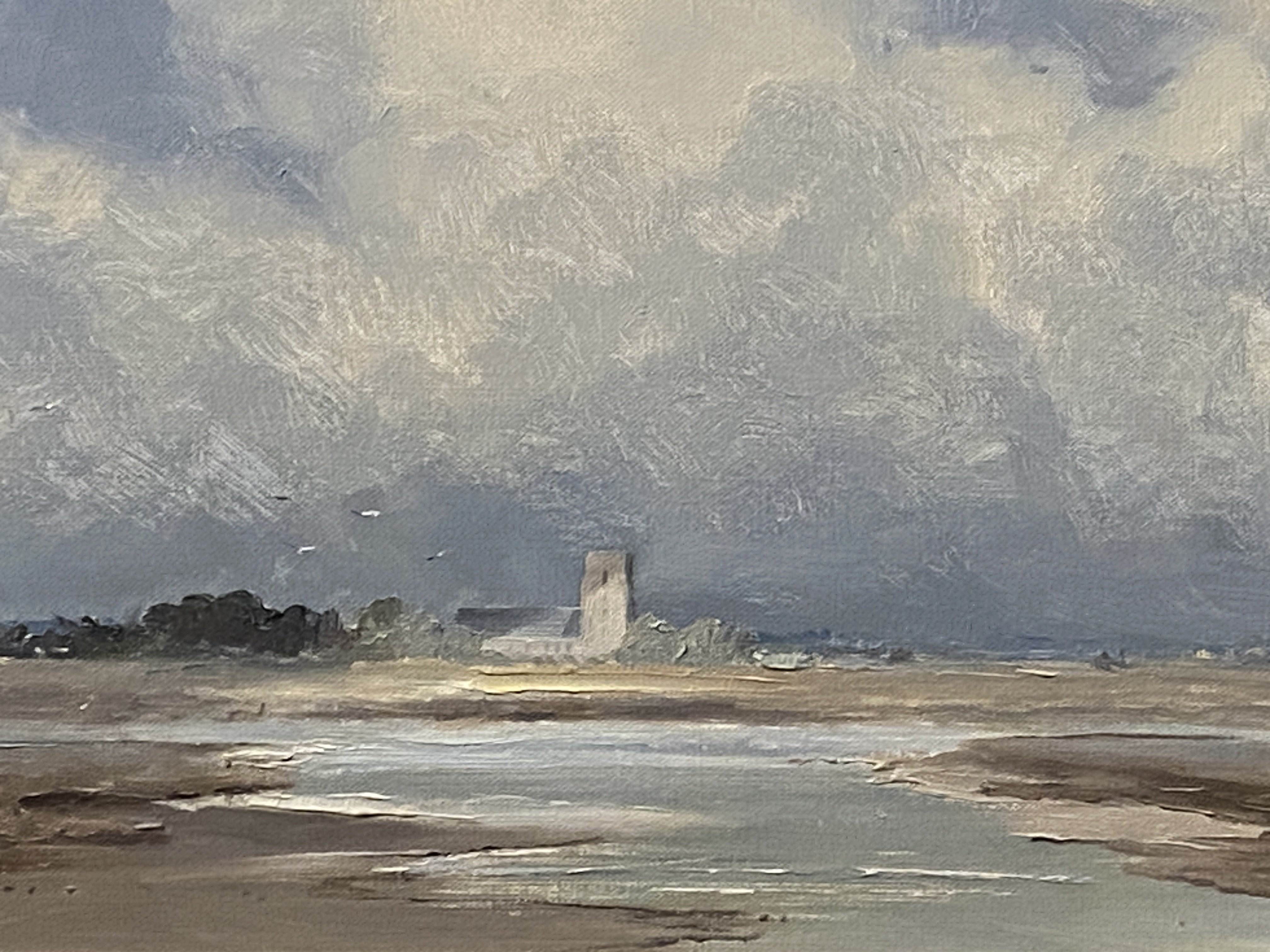 Framed oil on canvas of an estuary, signed Marcus Ford, 39 x 59cms ...