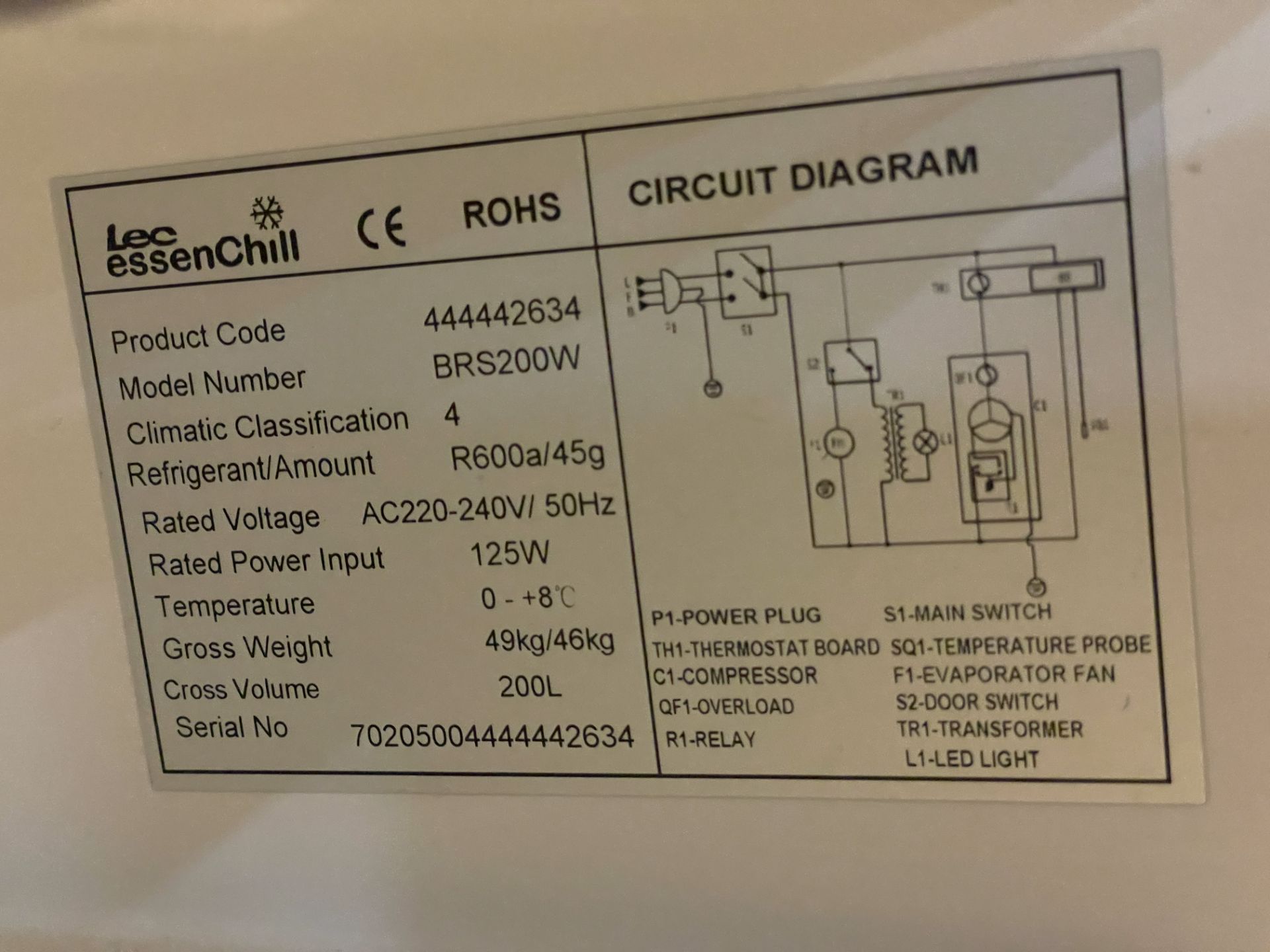 1 x LEC EssenChill Undercounter Commercial Refrigerator - Model BFS200W ...