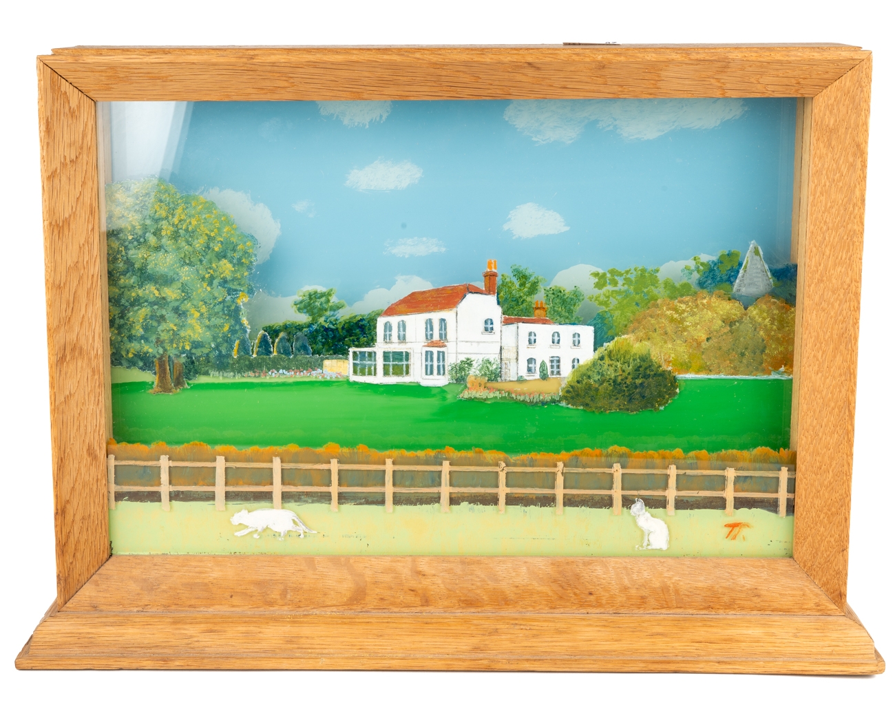A Folk Art painted glass diorama, painted on three glass panels to give ...