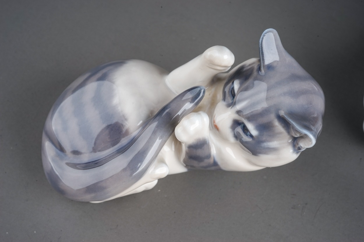 Three Royal Copenhagen models of cats to include: cat in basket 656 ...
