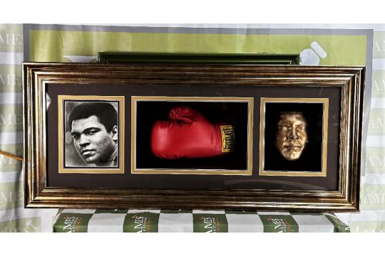 Muhammad Ali Signed Montage- Everlast signed Glove and Dipped Gold Face ...