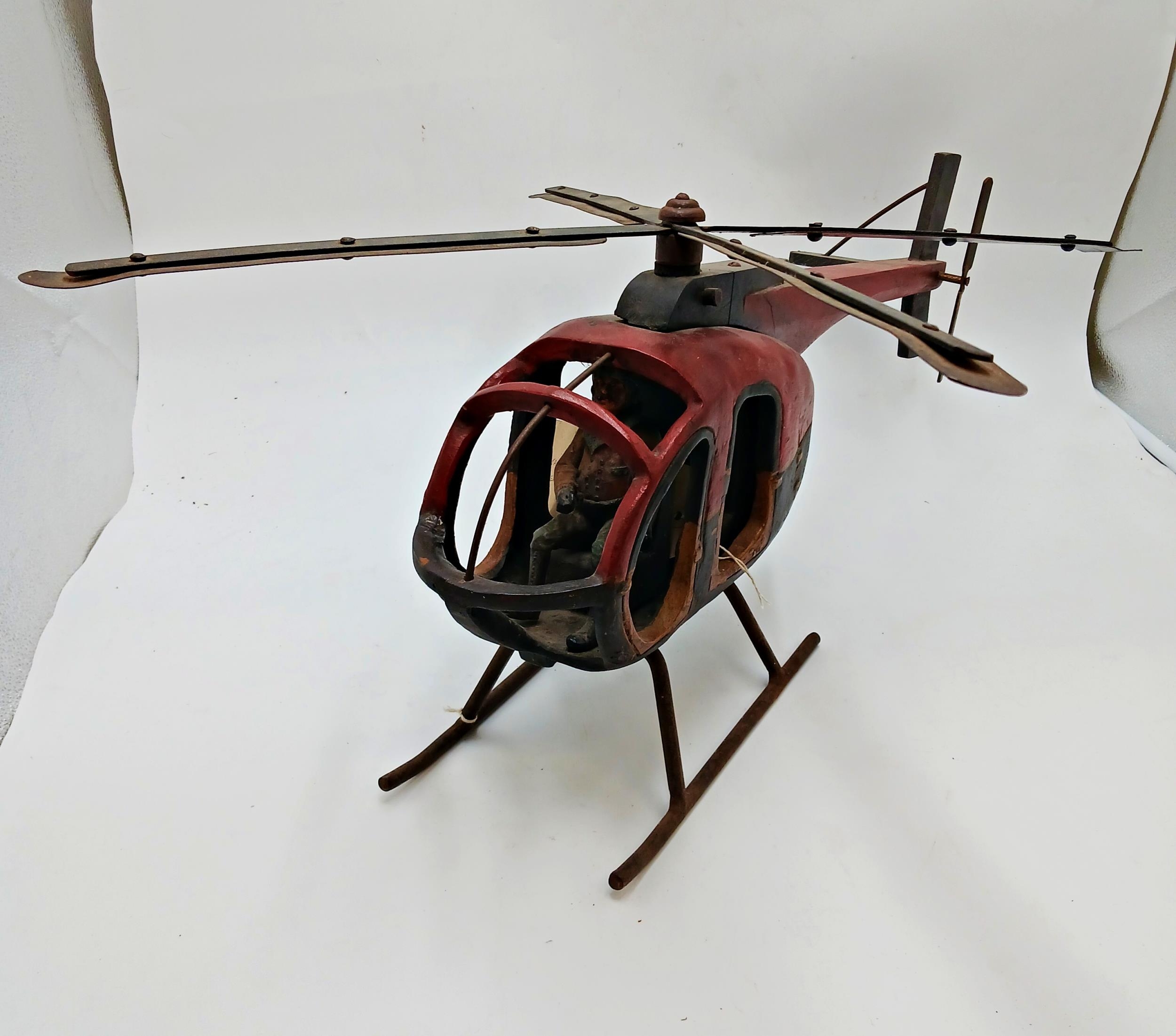 Large wooden scratch built helicopter with metal propellers. L 65cm x H ...