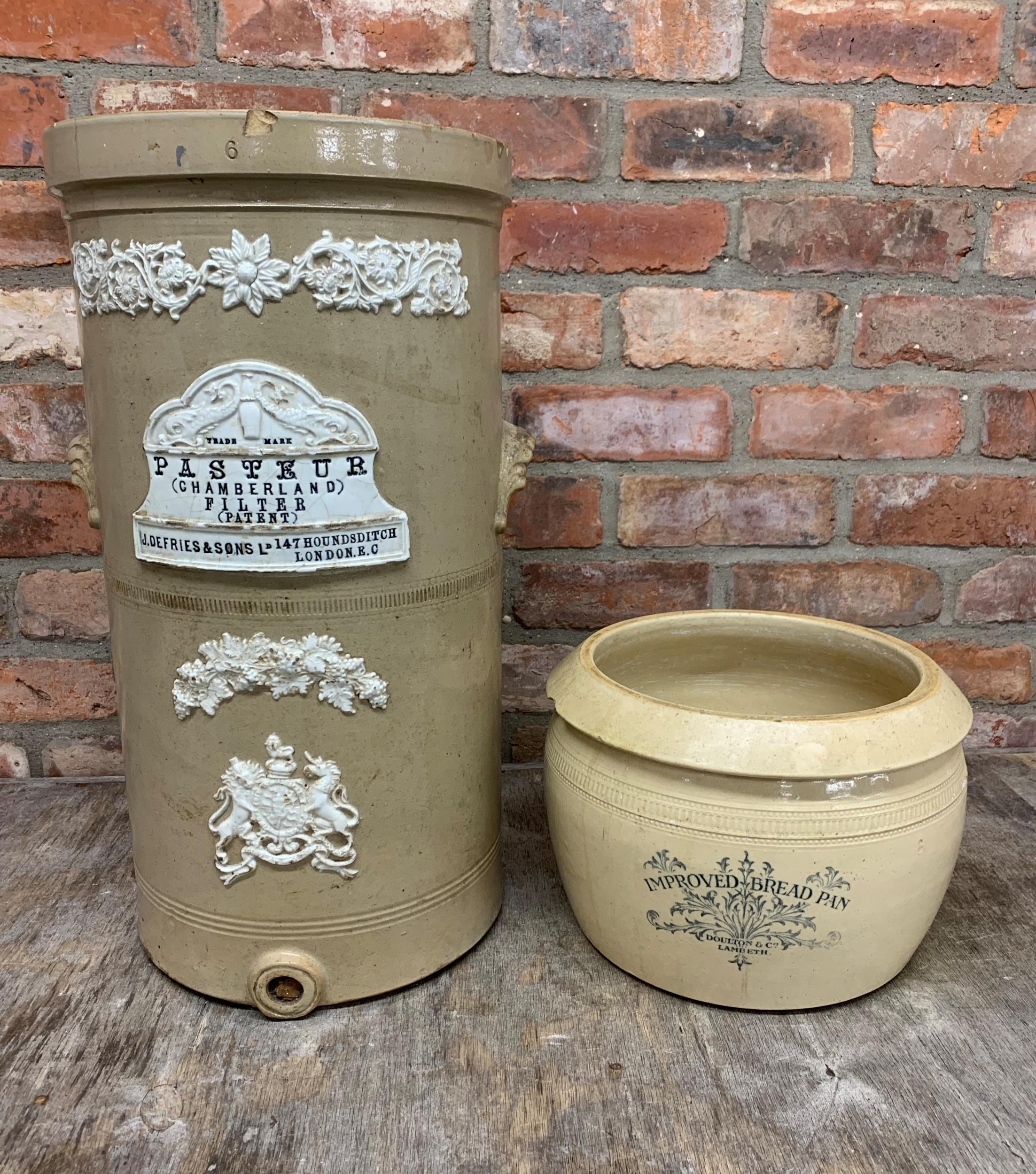 Antique cream stoneware water filter and improved bread pan, Water ...