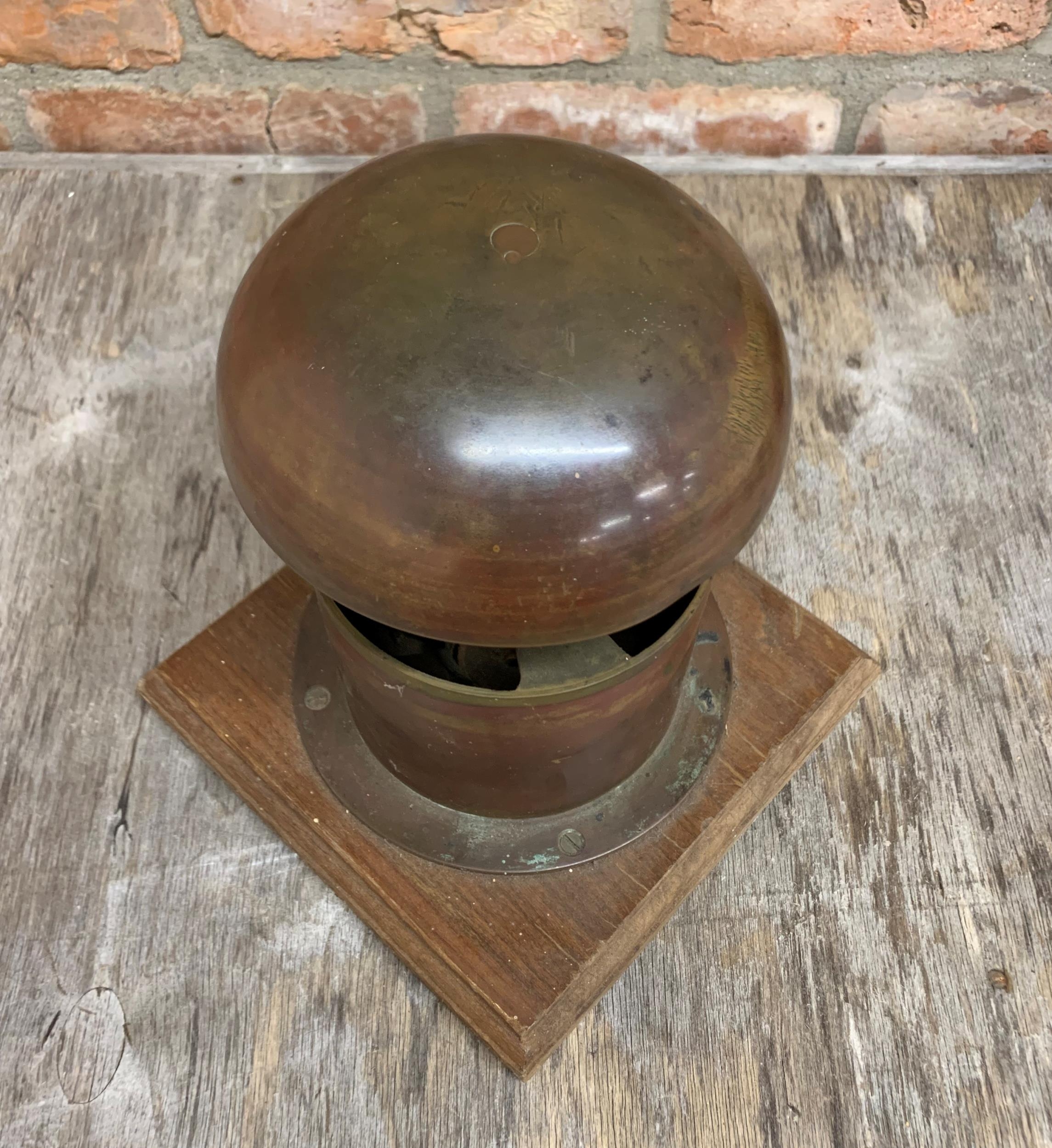 Antique copper bowler hat shaper mould on wooden base, H 27cm