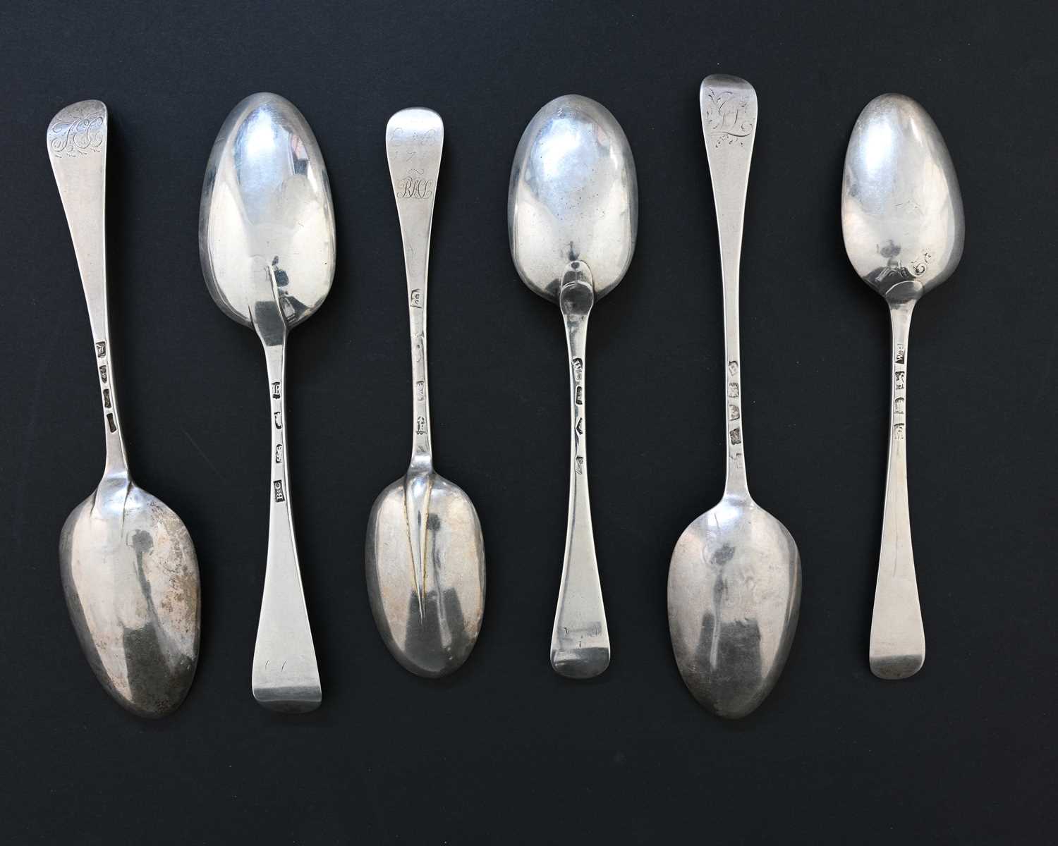 A group of six eighteenth-century English silver Hanoverian pattern ...