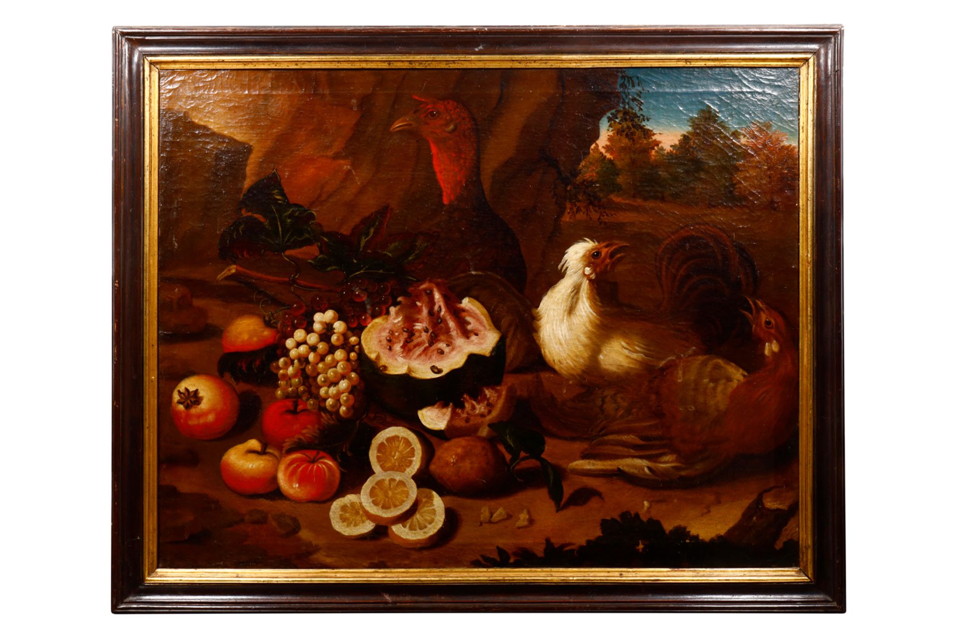 Barockes Früchte- und Tier-Stillleben, Öl auf Leinwand, 18. Jh ...