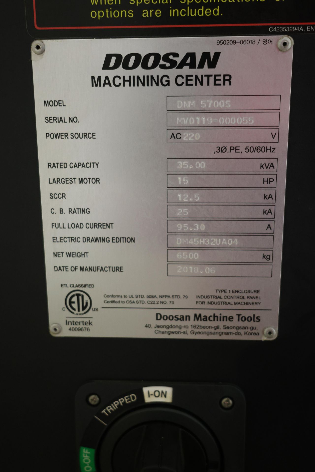 2018 Doosan DNM 5700S 3 Axis Mill . S#MV0119-000055; Running time:2438 ...