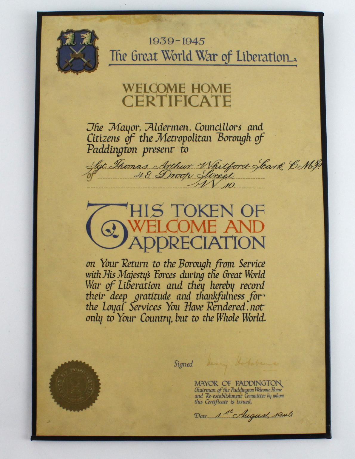 WW1 Northampton soldiers service scroll with WW2 London Paddington ...