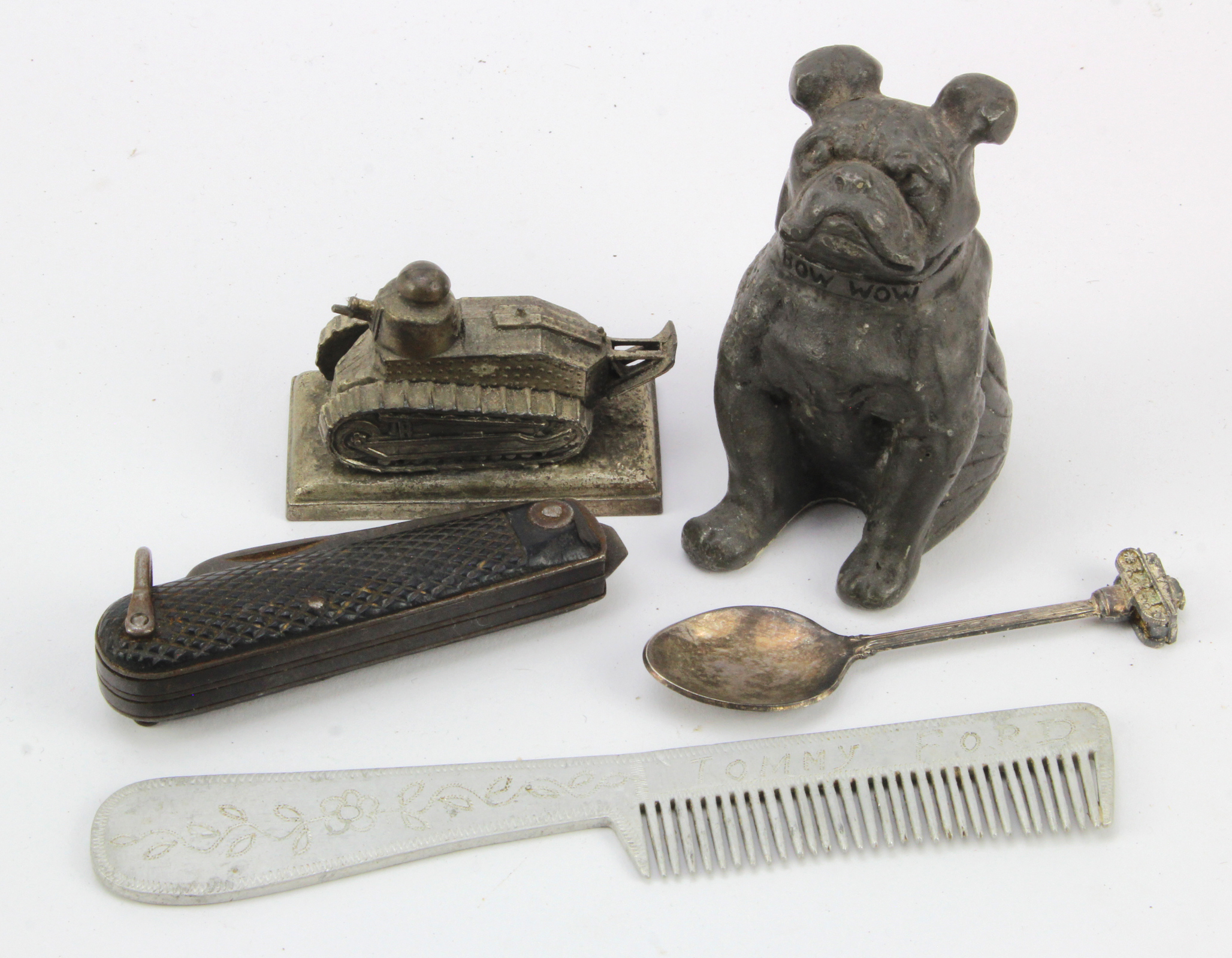 WW2 Trench Art type items inc POW comb named "Tommy Ford POW 19008 ...