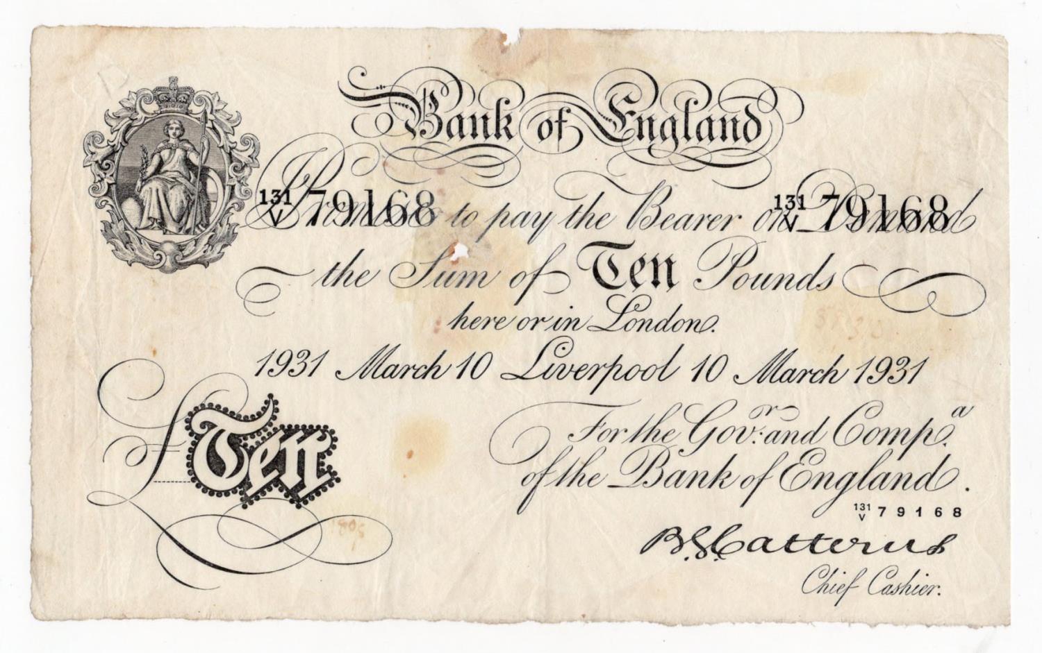 Catterns 10 Pounds (B229e) dated 10th March 1931, very rare LIVERPOOL ...