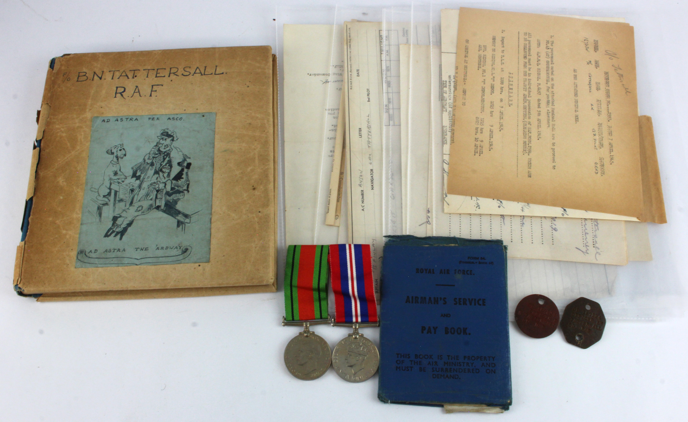 RAF WW2 pilots log book documents, ID tags, RAF pay book, Medals ...