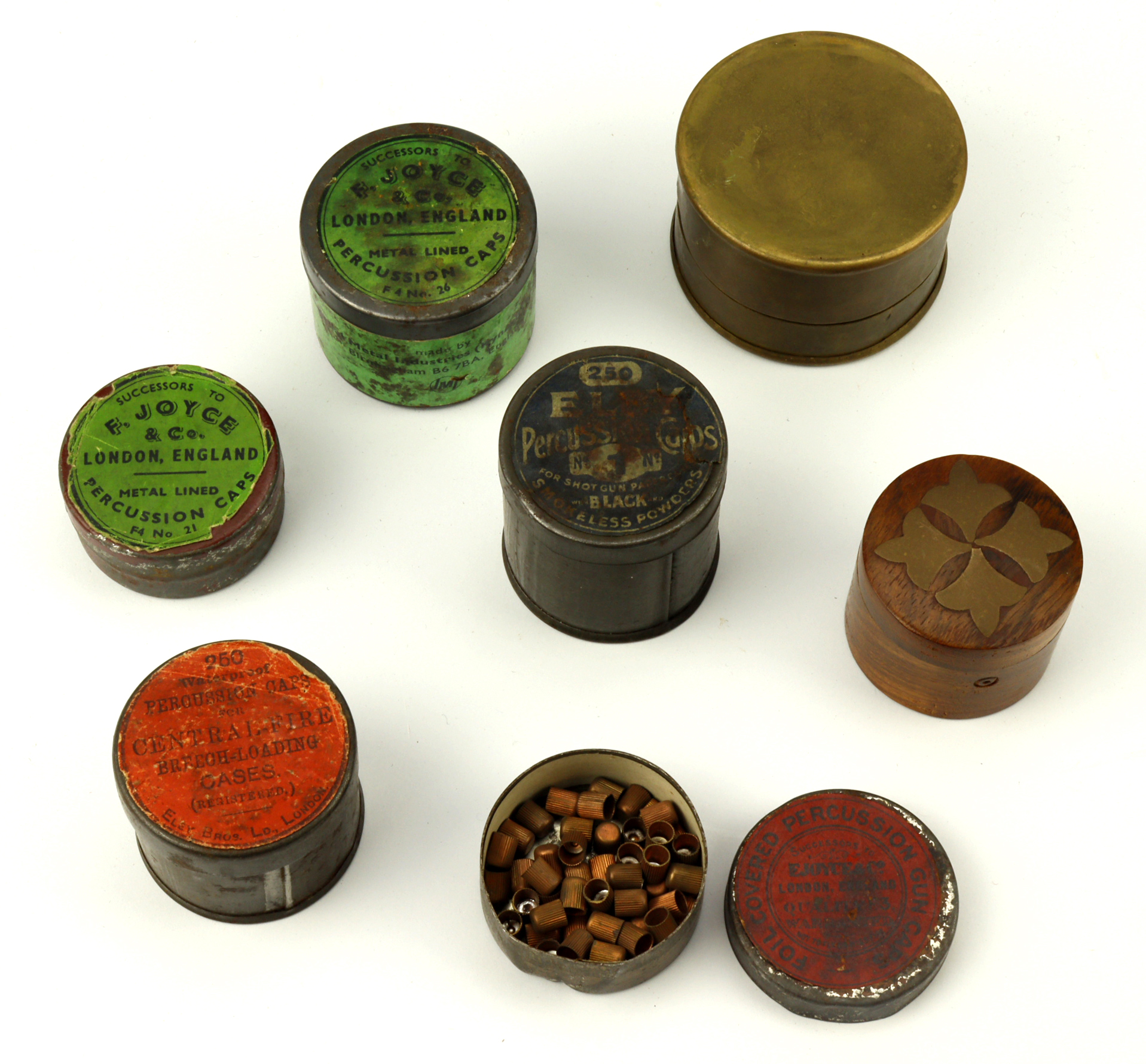 Percussion cap tins, goup of eight, being an eley ‘black’ no.1, for 250 ...