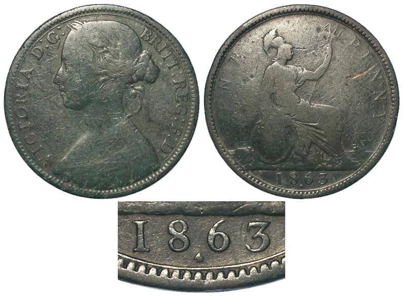 Penny 1863 die number 4, Freeman #47 (R19), nF, clear date and variety ...