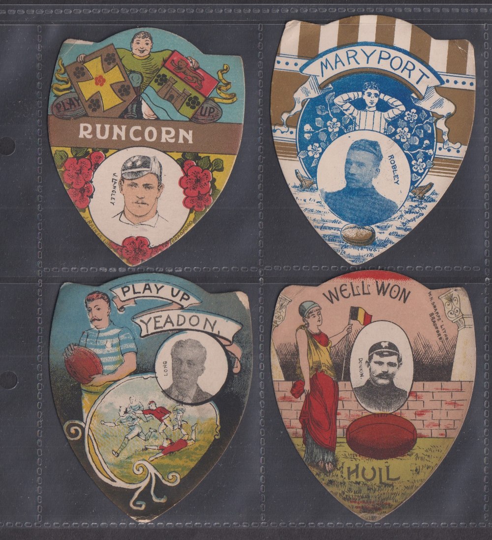 Trade cards, Rugby, 4 shield shaped cards, W.N. Sharpe (2) 'Play Up ...