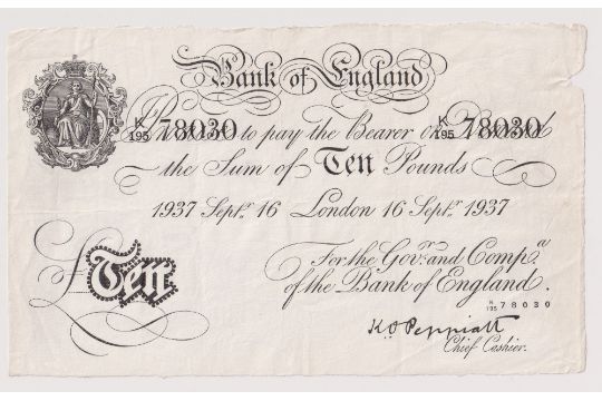Bank Note, a K.O. Peppiatt white Ten pound note dated 16th Sept 1937, K ...