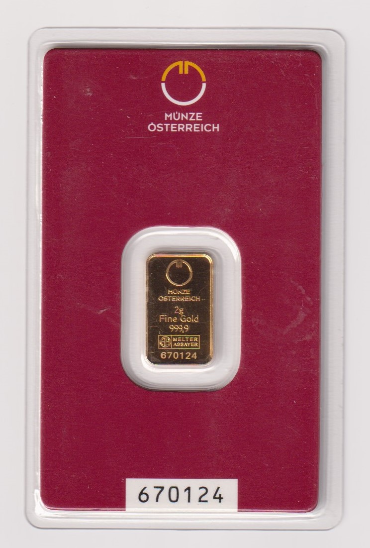 Gold, Munze Osterreich 2g 999.9 gold bar in original blister pack no ...