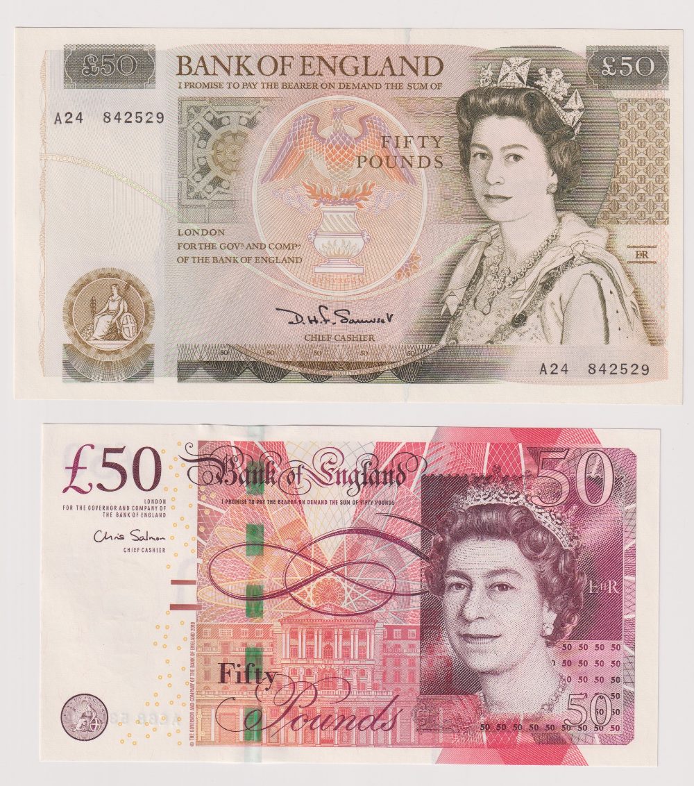 Bank Notes, 4 x QE11 £50 notes Chris Salmon, Merlyn Lowther, Sarah John ...