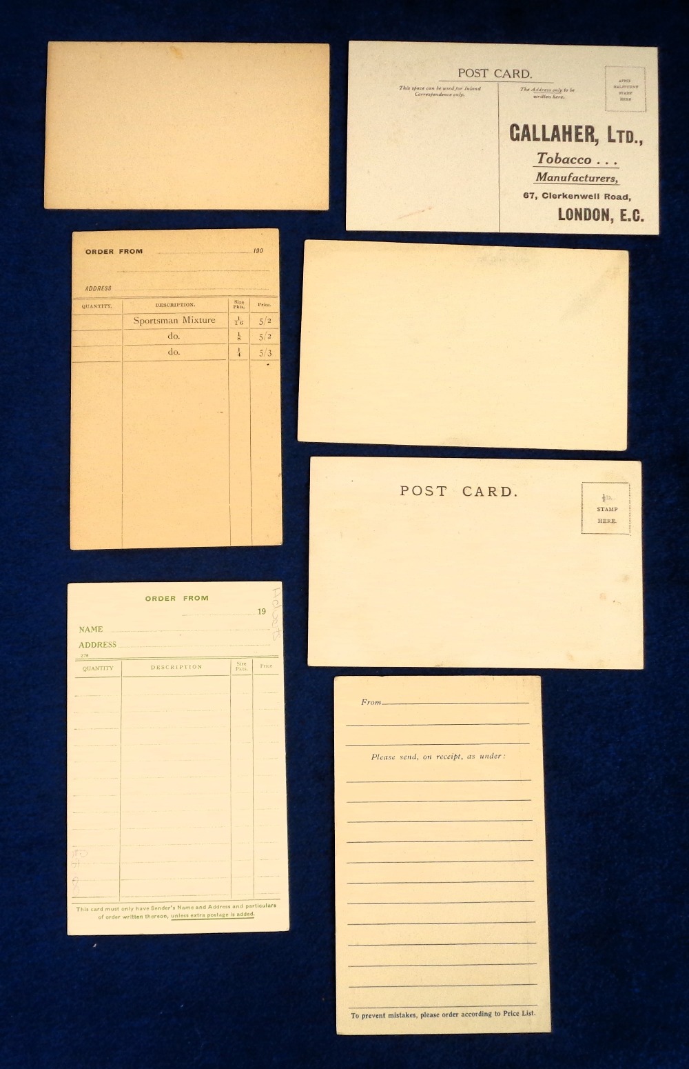 Tobacco advertising postcards, selection of 7 order & acknowledgement ...