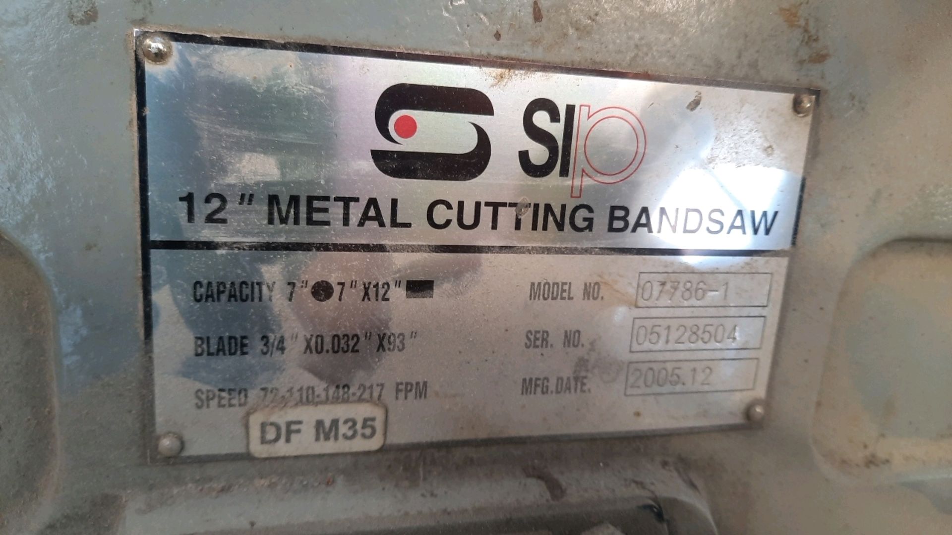 SIP 12" Metal Cutting Bandsaw Model. 07786-1 Serial No. 05128504 ...