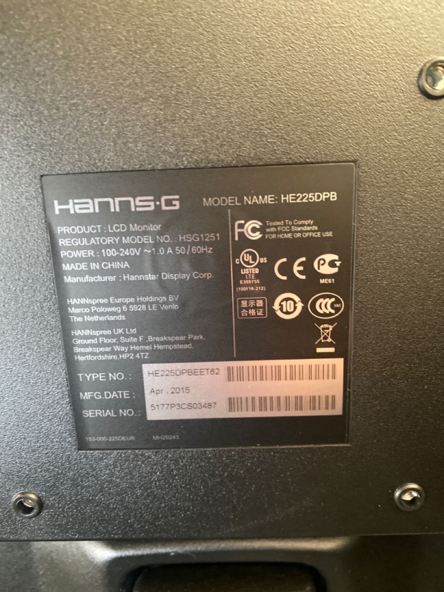 Hanns . G Monitor x9 Model Name: HE225DPB Location: IT Room