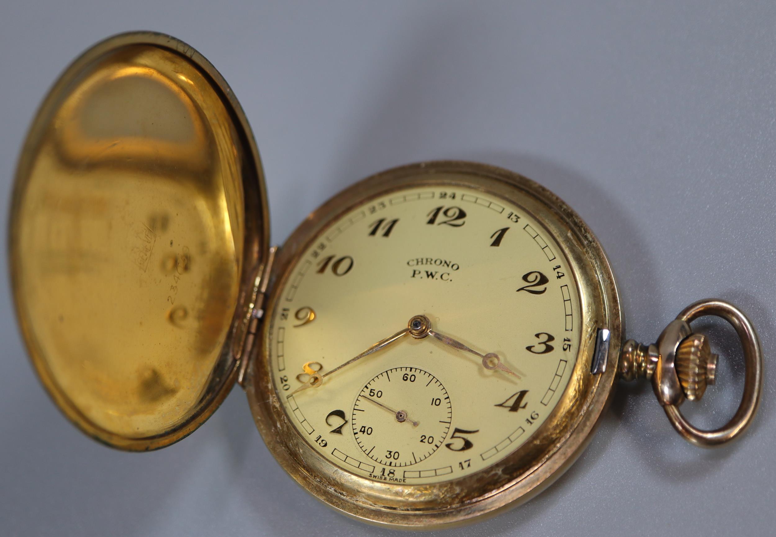 Yellow metal PWC Chrono full hunter keyless top wind pocket watch with ...