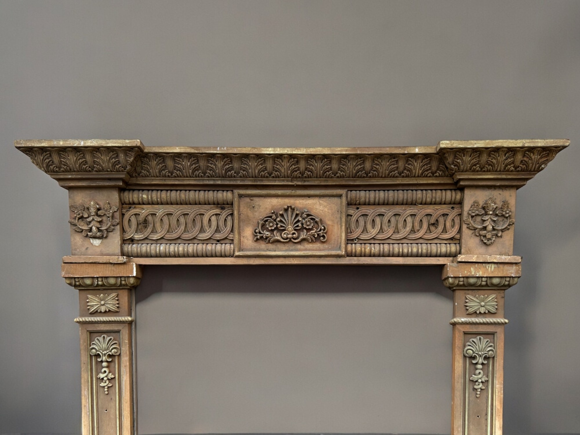 A large antique carved wood Door surround / frame. Twin columns and ...