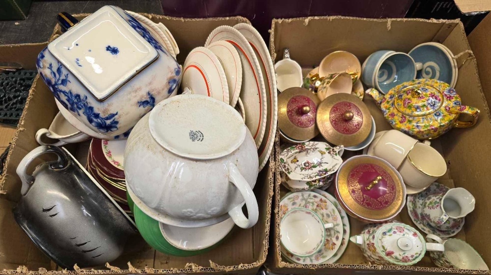 2 CARTONS WITH MISC CHINAWARE INCL; CHAMBER POTS, MINTON HADDON HALL ...