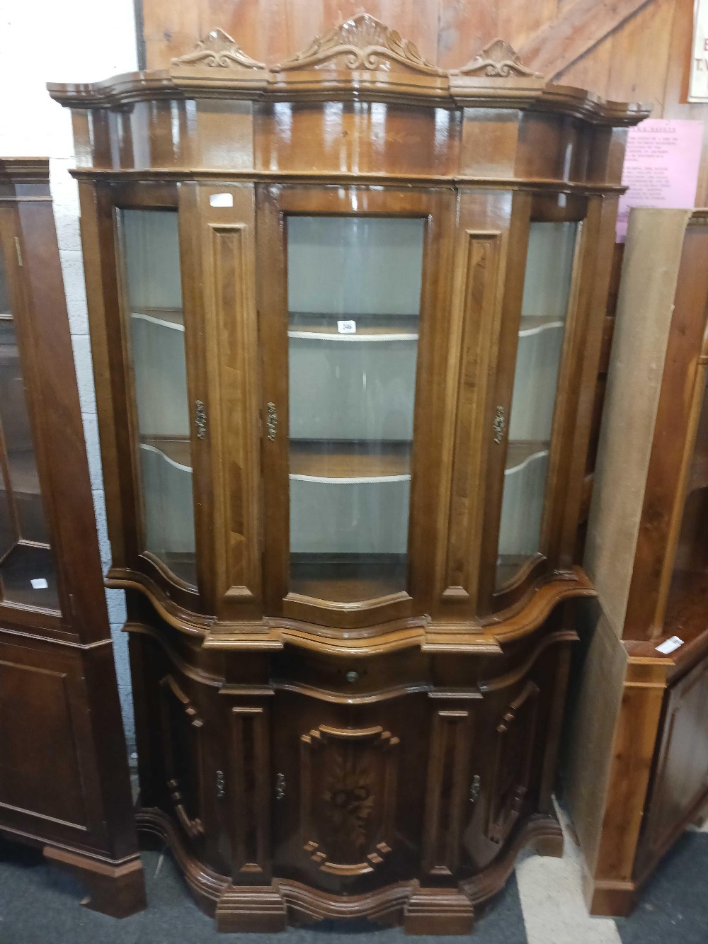 REPRODUCTION YEW WOOD BOW FRONTED GLAZED DISPLAY CABINET