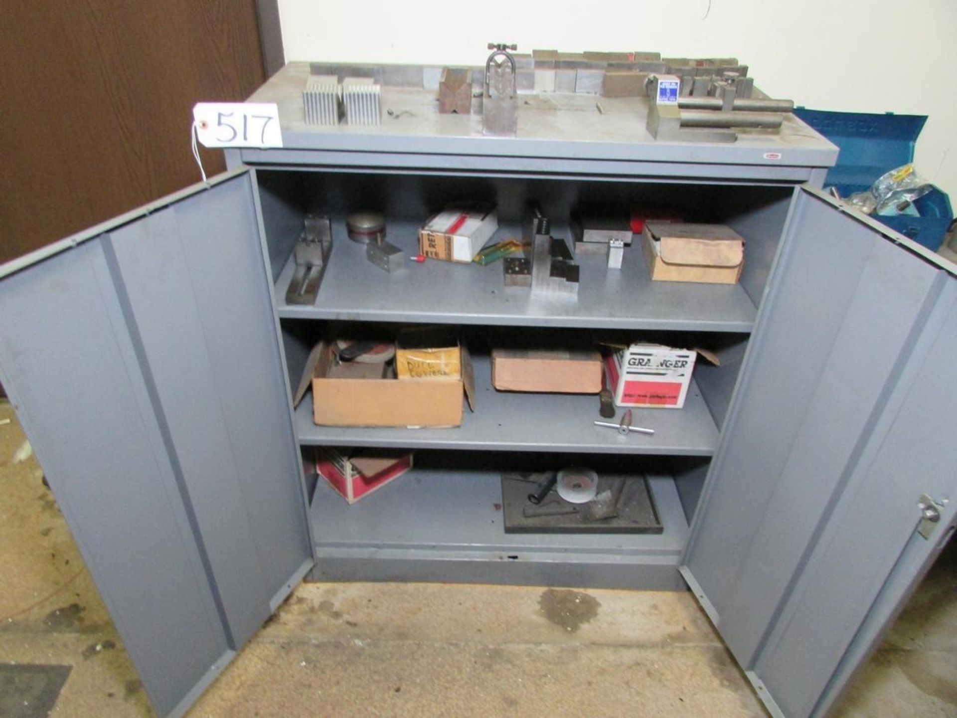 2-DOOR CABINET WITH ASSORTED V-BLOCKS, MAGNETIC BLOCKS, ANGLE BLOCKS ...
