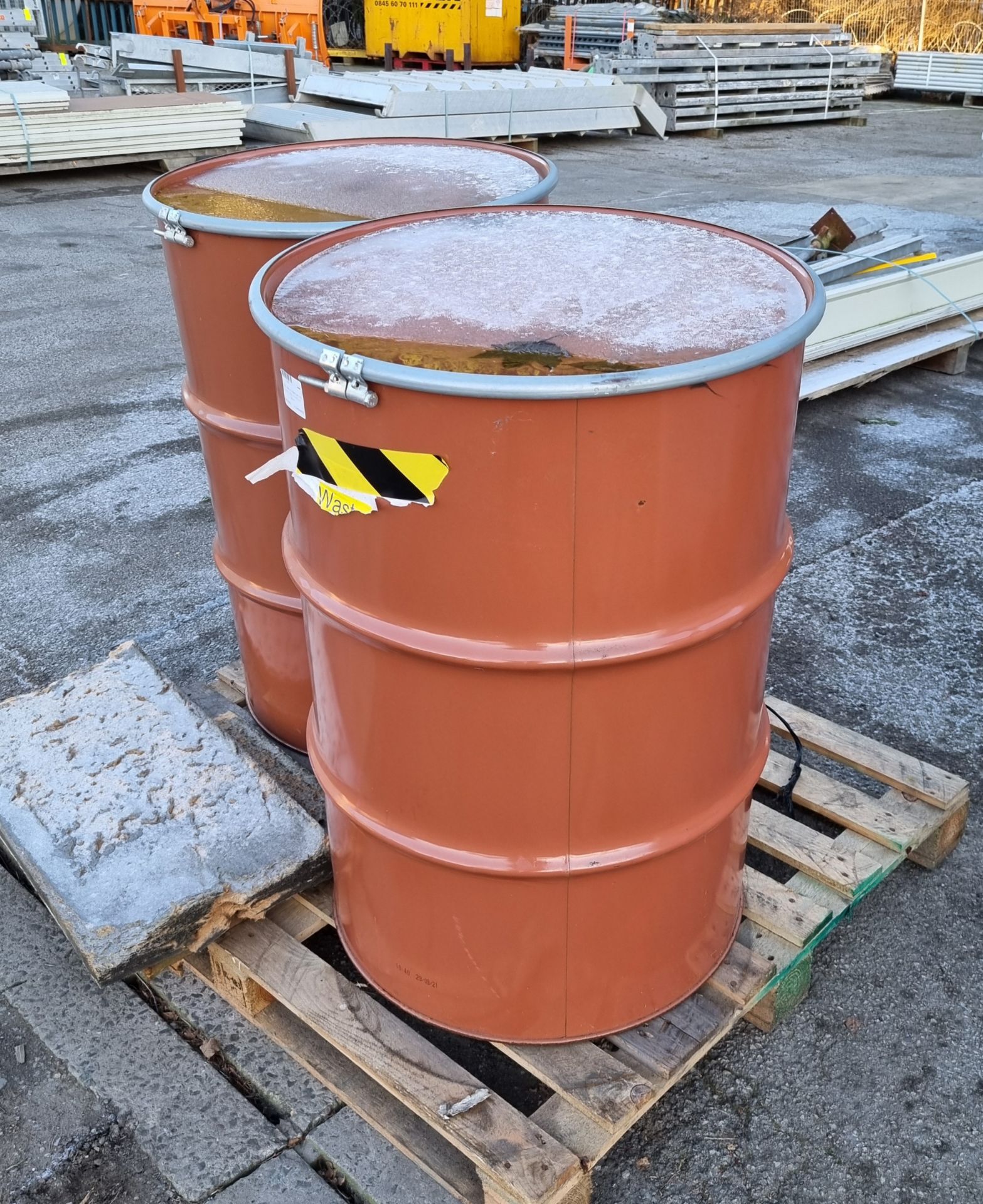 2x 220L Red mild steel open top drums - L 600 x W 600 x H 880mm