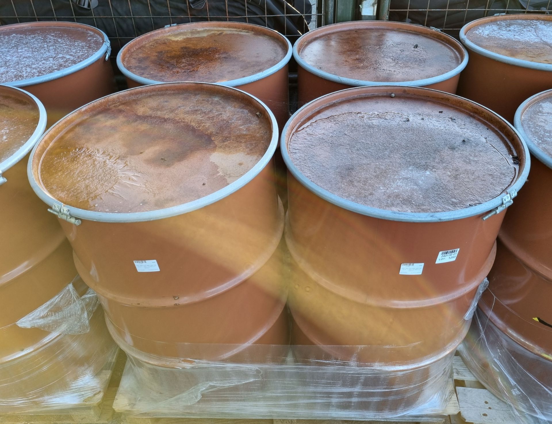4x 220L Red mild steel open top drums - L 600 x W 600 x H 880mm