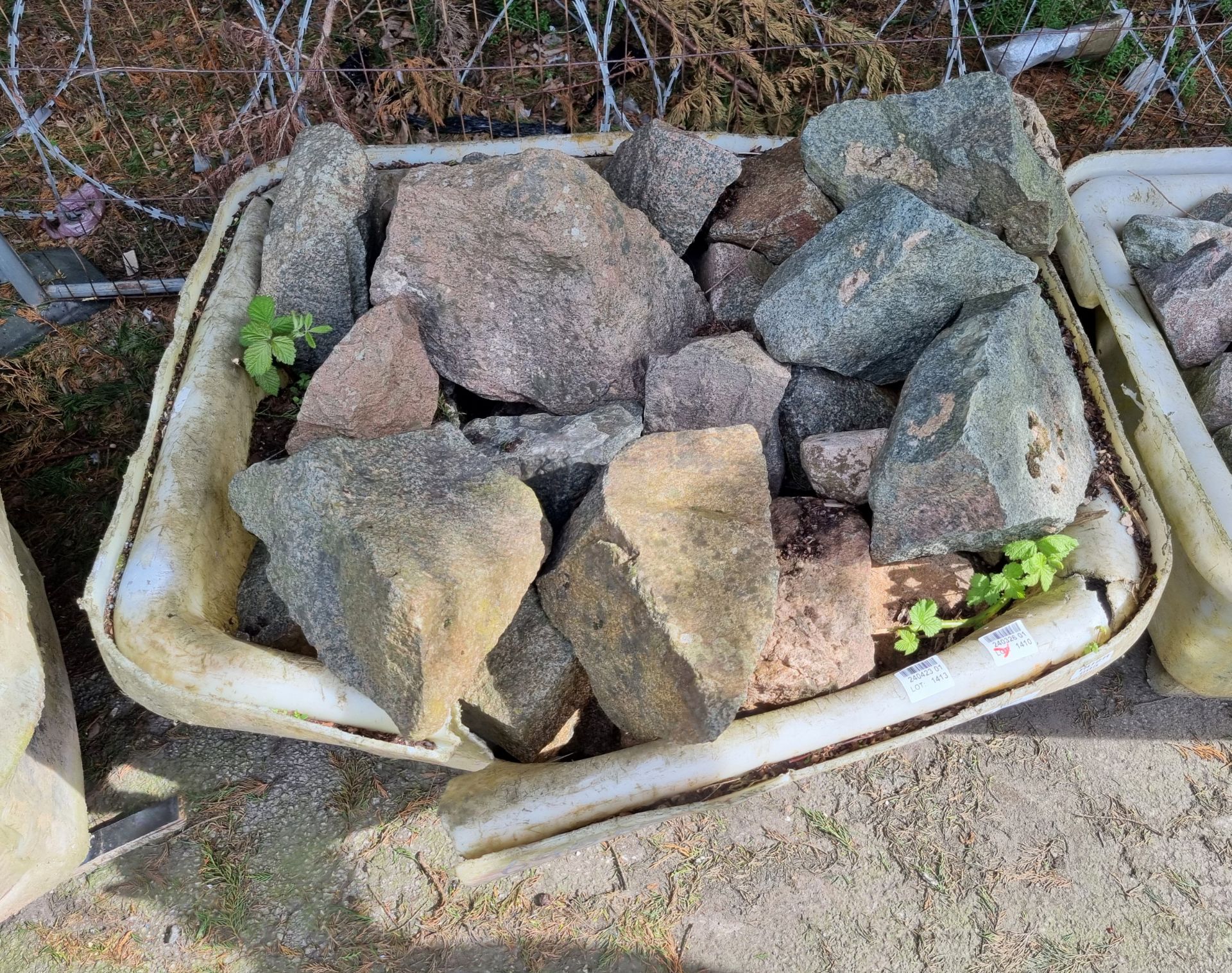 Green and Pink decorative granite stones in plastic container - 690kg