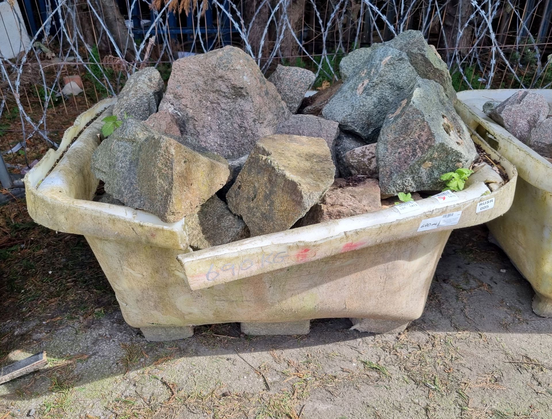 Green and Pink decorative granite stones in plastic container - 690kg