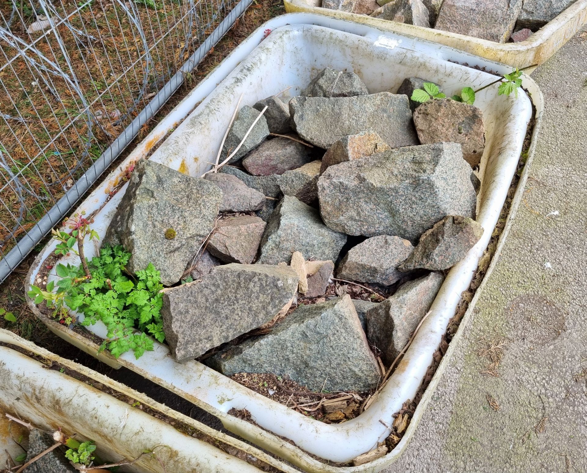 Green and Pink decorative granite stones in plastic container - 430kg