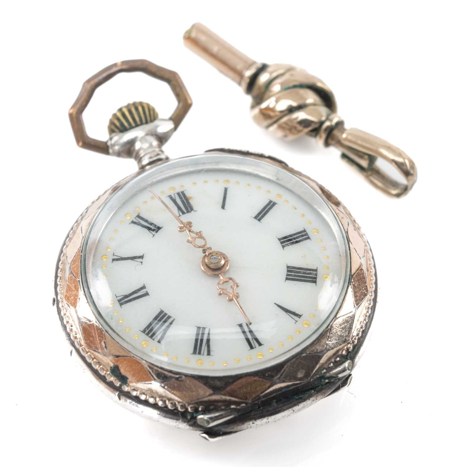 SWISS 800 STANDARD SILVER FOB WATCH, top wind 15J movement, with gold ...